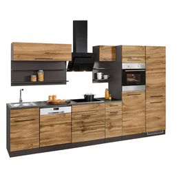 K&uuml;chenzeile KOCHSTATION "KS-Tulsa", braun (k&uuml;che: natur, korpus: grafit, arbeitsplatte: anthrazit), B:330cm T:60cm, Komplettk&uuml;chen-Sets, K&uuml;chenzeile, mit E-Ger&auml;ten, Breite 330 cm, schwarze Metallgriffe, MDF Fronten