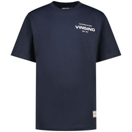 T-Shirt Vingino, Jungen, Gr. 140, blau (midnight blau), Jersey, Obermaterial: 100% Baumwolle, bedruckt, relaxed fit h&uuml;ftbedeckend, Rundhals, Shirts T-Shirt, mit Front-Print und gro&szlig;en R&uuml;ckenprint, for boys