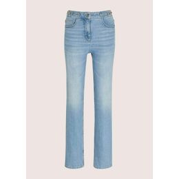 Madeleine Mode Regular-fit-Jeans MADELEINE "Jeans Straight-Leg-Jeans mit Formbund", Damen, Gr. 21, N + K Gr, blau, Obermaterial: 91% Baumwolle CO. 7% Elastomultiester ELE. 2% Elasthan EL., Modern, Jeans, Jeans mit weitem Bein und icegoldfarbenen Accessoires