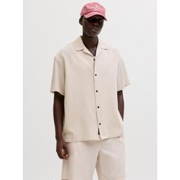 Jack & Jones Kurzarmhemd JACK & JONES "JJGLOBAL WAFFLE RESORT SHIRT SS", Herren, Gr. L, N-Gr, beige (moonbeam), Web, Obermaterial: 100% Baumwolle, unifarben, regular fit normal, ohne Ausschnitt, gerader Abschluss, Hemden, mit Resort Kragen
