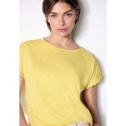 Rundhalsshirt STREET ONE STUDIO, Damen, Gr. 36, snap gelb, Web, 50% Baumwolle, 50% Modal, unifarben, normal normal, Rundhals, abgesteppt, Shirts Rundhalsshirt, Rundhalsausschnitt