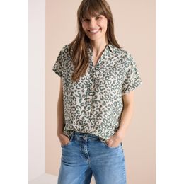 Kurzarmbluse Cecil, Damen, Gr. L (42), gr&uuml;n (macadamia beige), Web, 55% Leinen, 45% Viskose, klassisch normal, V-Ausschnitt, Aufschlag, Blusen, mit allover Leoprint