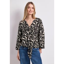 Kurzarmbluse Street One, Damen, Gr. 34, schwarz, Stoff, 100% Viskose, gebl&uuml;mt, klassisch normal, Rundhals, B&uuml;ndchen, Blusen, mit Knotendetail
