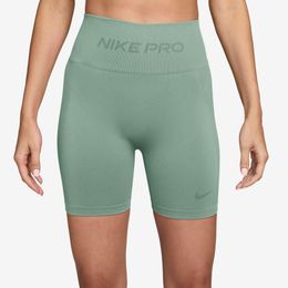 Trainingstights Nike "Nike Pro Seamless Women's Dri-FIT High-Waisted 5" Biker Shorts", Damen, Gr. L, N-Gr, steam, Obermaterial: 58% Nylon, 35% Polyester, 7% Elasthan, Hosen, nahtlos, hoher Bund, sportlicher Stil