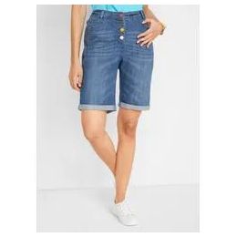 Bermudas bonprix, Damen, Gr. 44, N-Gr, blau denim, Web, Obermaterial: 82% Baumwolle, 17% Polyester, 1% Elasthan, regular fit, Hosen Bermudas, aus Baumwolle, Polyester und Elasthan, regular fit, mit Stickerei