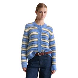 Marc O'Polo Cardigan MARC O'POLO DENIM "aus softem Schurwolle-Mix", Damen, Gr. L, medium blau, Obermaterial: 87% Schurwolle, 13% Polyamid, gestreift, relaxed fit, Rundhals, Rippb&uuml;ndchen, Strickjacken