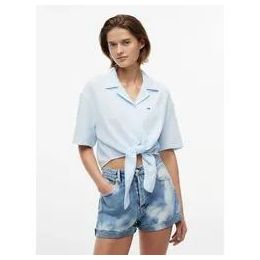 Tommy Hilfiger Kurzarmbluse TOMMY JEANS "TJW TEXTURED TIE FRONT SS SHIRT", Damen, Gr. S (36/38), kingly blau, Web, Obermaterial: 100% Baumwolle, unifarben, taillenlang, V-Ausschnitt, Blusen, Baumwolle, Brusttasche, Saum zum Knoten