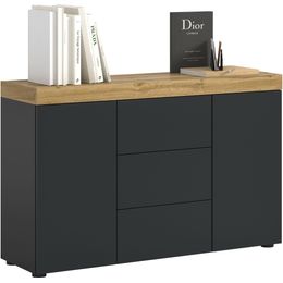 Sideboard OTTO HOME "MAMBO, Breite 125cm, 2 T&uuml;ren, 3 Schubk&auml;sten, push-2-open", schwarz, wotan eiche nachbildung, B:125cm H:80cm T:37cm, FSC-zertifizierter Holzwerkstoff, Sideboards, Sideboard, Sideboard, Kommode, Wohnzimmer, Flur, Arbeitszimmer