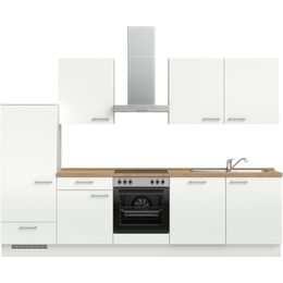 K&uuml;chenzeile Nobilia "Laser I", NEU: individuell anpassbar mit gratis Profi-Beratung", wei&szlig; (k&uuml;che: wei&szlig;, korpus: alpinwei&szlig;, arbeitsplatte: eiche havanna nachbildung), B:300,3cm H:216,6cm T:60cm, Komplettk&uuml;chen-Sets, K&uuml;chenzeile, vormontiert, 300 cm breit, optional mit verschiedenen E‑Ger&auml;te-Sets