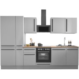 K&uuml;chenzeile BASIC BY BALCULINA "Denver, K&uuml;che BxHxT 310 x 211 x 60", grau (k&uuml;che: grau, korpus: grau matt, arbeitsplatte: lanzelot eiche), B:310cm H:211cm T:60cm, Komplettk&uuml;chen-Sets, K&uuml;chenzeile, Breite 310 cm, wahlweise mit E-Ger&auml;ten und Induktion