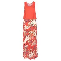 Maxikleid s.Oliver, Damen, Gr. 42, N-Gr, orange (koralle, bedruckt), Jersey, Obermaterial: 100% Viskose, figurumspielend bodenlang, Rundhals, Kleider Maxikleid, im Lagen-Look mit Blumenprint, Sommerkleid, Strandkleid, Topseller