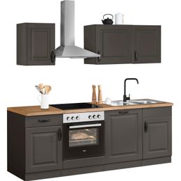 Wiho-K&uuml;chen K&uuml;chenzeile WIHO K&Uuml;CHEN "Erla", grau (k&uuml;che: grau, korpus: anthrazit, arbeitsplatte: kastelleiche nachbildug), B:220cm T:60cm, Komplettk&uuml;chen-Sets, K&uuml;chenzeile, ohne E-Ger&auml;te, Breite 220 cm