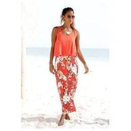 Maxikleid s.Oliver, Damen, Gr. 50, N-Gr, koralle, bedruckt, Jersey, Obermaterial: 100% Viskose, figurumspielend bodenlang, Rundhals, Kleider Maxikleid, im Lagen-Look mit Blumenprint, Sommerkleid, Strandkleid, Topseller