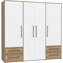 Kleiderschrank FORTE "Mokkaris, zeitloses Design, 3&ndash;4 T&uuml;ren, Made in Europe", wei&szlig; (mauvella eiche, wei&szlig;), B:205,9cm H:200,1cm T:58,8cm, Holzwerkstoff, Schr&auml;nke, Kleiderschrank, Schubladen + schwarze Stangengriffe, Made in Europe, viel Stauraum, Topseller