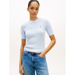 Kurzarmpullover Tommy Hilfiger "CO CABLE RWB C-NK SS SWT", Damen, Gr. L (42/44), breezy blau, Strick, Obermaterial: 100% Baumwolle, unifarben, normal h&uuml;ftlang, Rundhals, eingesetzt Rippstrickb&uuml;ndchen, Pullover, Baumwolle, mit Zopfmuster