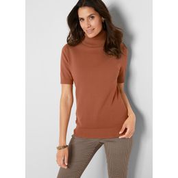 Kurzarmpullover bonprix "Rollkragenpullover, Kurzarm", Damen, Gr. 36/38 (S), braun (kastanienbraun), Feinstrick, Obermaterial: 70% Baumwolle, 30% Polyamid, unifarben, slim fit h&uuml;ftbedeckend, Rundhals, Strickb&uuml;ndchen, Pullover, im Feinstrick-Baumwoll-Mix, mit hohem Rollkragen