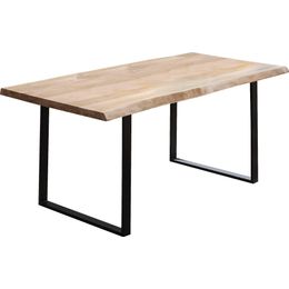 Esstisch Home Affaire "Tristano", beige (natur, schwarz, natur), B:160cm H:77cm T:90cm, Tische, Rechteckiger Esstisch Esstisch Holz-Esstische, Eiche massiv natur ge&ouml;lt, mit echter Baumkante