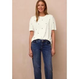 Rundhalsshirt STREET ONE STUDIO, Damen, Gr. 38, sanftes wei&szlig;, Web, 50% Baumwolle, 50% Modal, gemustert, normal normal, Rundhals, abgesteppt, Shirts Rundhalsshirt, Jersey