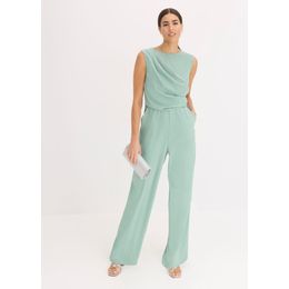 Overall bonprix, Damen, Gr. 38, N-Gr, pastellgr&uuml;n (l&auml;nge: regul&auml;r), Satin, Obermaterial: 97% Polyester, 3% Elasthan. Futter: 100% Polyester, leicht gl&auml;nzend, unifarben, festlich, loose fit lang, Rundhals, Overalls Overall, leicht gl&auml;nzender Satin, Drapierung im Oberteil, weites Hosenbein