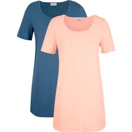 T-Shirt bonprix, Damen, Gr. 36/38 (S), blau (indigo, hellpfirsich), Jersey, Obermaterial: 95% Baumwolle, 5% Elasthan, unifarben, loose fit ca. Mitte Oberschenkel, Rundhals, Shirts T-Shirt, lockerer loose fit, Halbarm, Longshirt