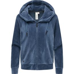 Sweatjacke Ragwear "Corduly Cordy", Damen, Gr. L (40), indigo, Material: 76% Baumwolle, 20% Polyester, 4% Elasthan, oversize h&uuml;ftlang, hoch geschlossener Ausschnitt, &Auml;rmel ohne &Auml;rmelschlitz abgesteppte Kante, Sweatjacken Sweatjacke, Freizeitjacke Zip-Hoodie aus weichem Kord in Samt-Haptik