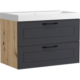 Waschtisch Welltime "CADIZ, Waschtisch", matt grau, B:80cm H:58,5cm T:46cm, Waschtische, Waschtisch, Landhausoptik, schwarze Akzente