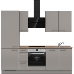 K&uuml;chenzeile Nobilia "Laser II", NEU: individuell anpassbar mit gratis Profi-Beratung", grau (k&uuml;che: grau, korpus: taupegrau, arbeitsplatte: eiche havanna nachbildung), B:240,3cm H:216,6cm T:60cm, Komplettk&uuml;chen-Sets, K&uuml;chenzeile, vormontiert, 240 cm breit, optional mit verschiedenen E‑Ger&auml;te-Sets