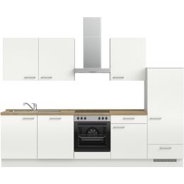 K&uuml;chenzeile Nobilia "Laser I", NEU: individuell anpassbar mit gratis Profi-Beratung", wei&szlig; (k&uuml;che: wei&szlig;, korpus: alpinwei&szlig;, arbeitsplatte: eiche havanna nachbildung), B:300,3cm H:216,6cm T:60cm, Komplettk&uuml;chen-Sets, K&uuml;chenzeile, vormontiert, 300 cm breit, optional mit verschiedenen E‑Ger&auml;te-Sets