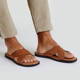 LANDS' END Leder-Pantolette mit &uuml;berkreuzten Ristb&auml;ndern, Herren,  Beige, Leder, by Lands' End