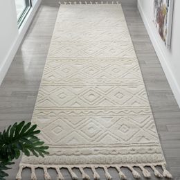 L&auml;ufer OTTO HOME "Bonvo 80x300 cm" Gr. 12, beige (creme), B:80cm H:19mm L:300cm, Kunstfaser, Teppiche, L&auml;ufer, mit Fransen, Hoch-Tief-Struktur, Wohnzimmer, Schlafzimmer