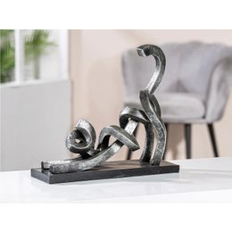 Tierfigur CASABLANCA BY GILDE "Katze "Stretching" auf Base", silber (silberfarben), B:31,5cm H:29cm T:10cm, Kunstharz, Dekofiguren