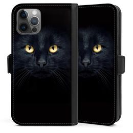DeinDesign iPhone 12 Handy Klapph&uuml;lle Handyh&uuml;lle aus Kunst Leder schwarz Flip Case Eye Cat Black Sideflip mit Lasche