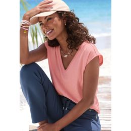Beach Time V-Shirt BEACHTIME, Damen, Gr. 32/34, rosa (koralle), Jersey, Obermaterial: 68% Baumwolle, 32% Polyester, unifarben, figurumspielend h&uuml;ftlang, V-Ausschnitt, Shirts