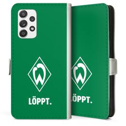 DeinDesign Galaxy A52s 5G Handy Klapph&uuml;lle Handyh&uuml;lle aus Kunst Leder wei&szlig; Flip Case Sv Werder Bremen Statement Official Licensed Product Sideflip mit Lasche