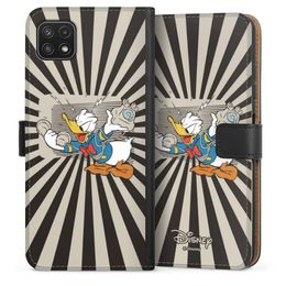 DeinDesign Galaxy A22 5G Handy Klapph&uuml;lle Handyh&uuml;lle aus Kunst Leder schwarz Flip Case Disney Official Licensed Product Donald Duck Sideflip mit langer Lasche