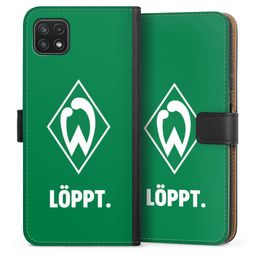 DeinDesign Galaxy A22 5G Handy Klapph&uuml;lle Handyh&uuml;lle aus Kunst Leder schwarz Flip Case Sv Werder Bremen Official Licensed Product Statement Sideflip mit langer 