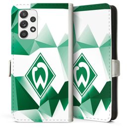 DeinDesign Galaxy A52s 5G Handy Klapph&uuml;lle Handyh&uuml;lle aus Kunst Leder wei&szlig; Flip Case Tarnmuster Sv Werder Bremen Official Licensed Product Sideflip mit Lasche