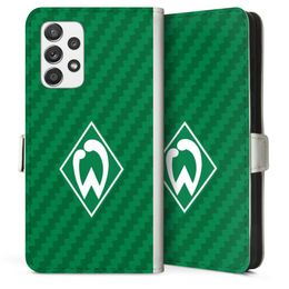 DeinDesign Galaxy A52s 5G Handy Klapph&uuml;lle Handyh&uuml;lle aus Kunst Leder wei&szlig; Flip Case Carbon Official Licensed Product Sv Werder Bremen Sideflip mit Lasche
