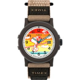 Quarzuhr Timex "Timex x PEANUTS CAMPER SKI", hellbraun, schwarz, Armbanduhren, Damen, Quarzuhr, Armbanduhr, Herrenuhr, Damenuhr, Textilarmband, Datum, Beleuchtung
