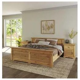 Bett OTTO HOME "Rauna, Landhausstil, edles Design mit Lamellen und Kassetten, 2 Farben", beige (natur, natur, natur), B:195cm H:85cm L:206cm, Betten, Bett, FSC zertifiziertes Kieferholz, massive Qualit&auml;t mit Lattenrost