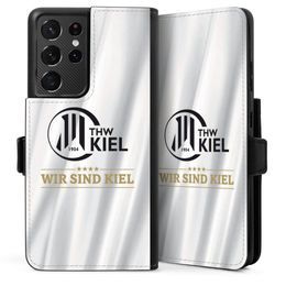 DeinDesign Galaxy S21 Ultra 5G Handy Klapph&uuml;lle Handyh&uuml;lle aus Kunst Leder schwarz Flip Case Official Licensed Product Thw Kiel Handball Sideflip mit Lasche