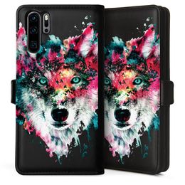 DeinDesign Huawei P30 Pro Handy Klapph&uuml;lle Handyh&uuml;lle aus Kunst Leder schwarz Flip Case Colourful Wolf Riza Peker Sideflip mit langer Lasche