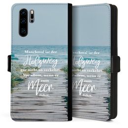 DeinDesign Huawei P30 Pro Handy Klapph&uuml;lle Handyh&uuml;lle aus Kunst Leder schwarz Flip Case Statement Beach Spruch Sideflip mit langer Lasche
