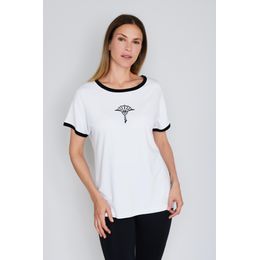 JOOP! Pyjamaoberteil JOOP "Move", Damen, Gr. 40, wei&szlig; (cloud dancer), Jersey, Obermaterial: 95% Modal, 5% Elasthan, bequem h&uuml;ftbedeckend, Rundhals, Shirts, Kurzarm, atmungsaktiv, Cornflower-Print