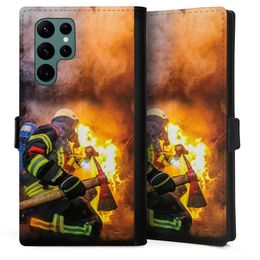 DeinDesign Galaxy S22 Ultra Handy Klapph&uuml;lle Handyh&uuml;lle aus Kunst Leder schwarz Flip Case Life Saver Fire Fighters Fire Sideflip mit langer Lasche
