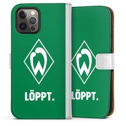 DeinDesign iPhone 12 Pro Max Handy Klapph&uuml;lle Handyh&uuml;lle aus Kunst Leder wei&szlig; Flip Case Official Licensed Product Statement Sv Werder Bremen Sideflip mit Lasche