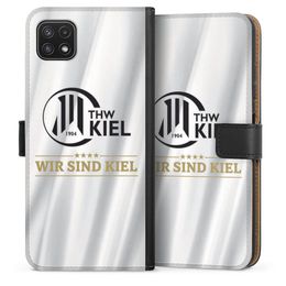 DeinDesign Galaxy A22 5G Handy Klapph&uuml;lle Handyh&uuml;lle aus Kunst Leder schwarz Flip Case Handball Official Licensed Product Thw Kiel Sideflip mit langer Lasche