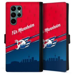 DeinDesign Galaxy S22 Ultra Handy Klapph&uuml;lle Handyh&uuml;lle aus Kunst Leder schwarz Flip Case Sports Adler Mannheim Logo Sideflip mit langer Lasche