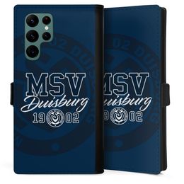 DeinDesign Galaxy S22 Ultra Handy Klapph&uuml;lle Handyh&uuml;lle aus Kunst Leder schwarz Flip Case Soccer Merchandise Msv Duisburg Sideflip mit langer Lasche