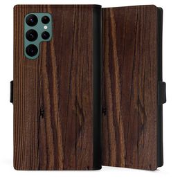 DeinDesign Galaxy S22 Ultra Handy Klapph&uuml;lle Handyh&uuml;lle aus Kunst Leder schwarz Flip Case Wooden Look Wood Nut Tree Sideflip mit langer Lasche
